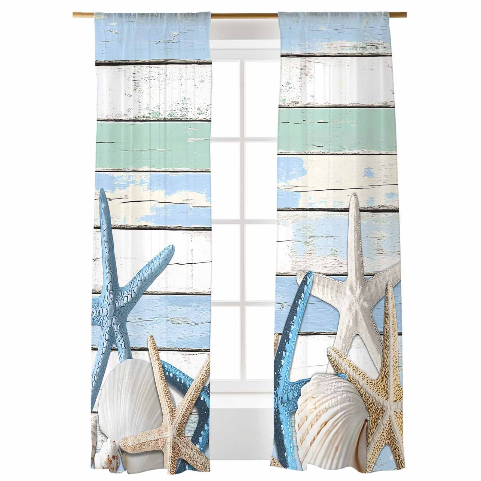 Blue White Shell Starfish Sheer Curtains 2 Panels Set, Blue Green Wood ...