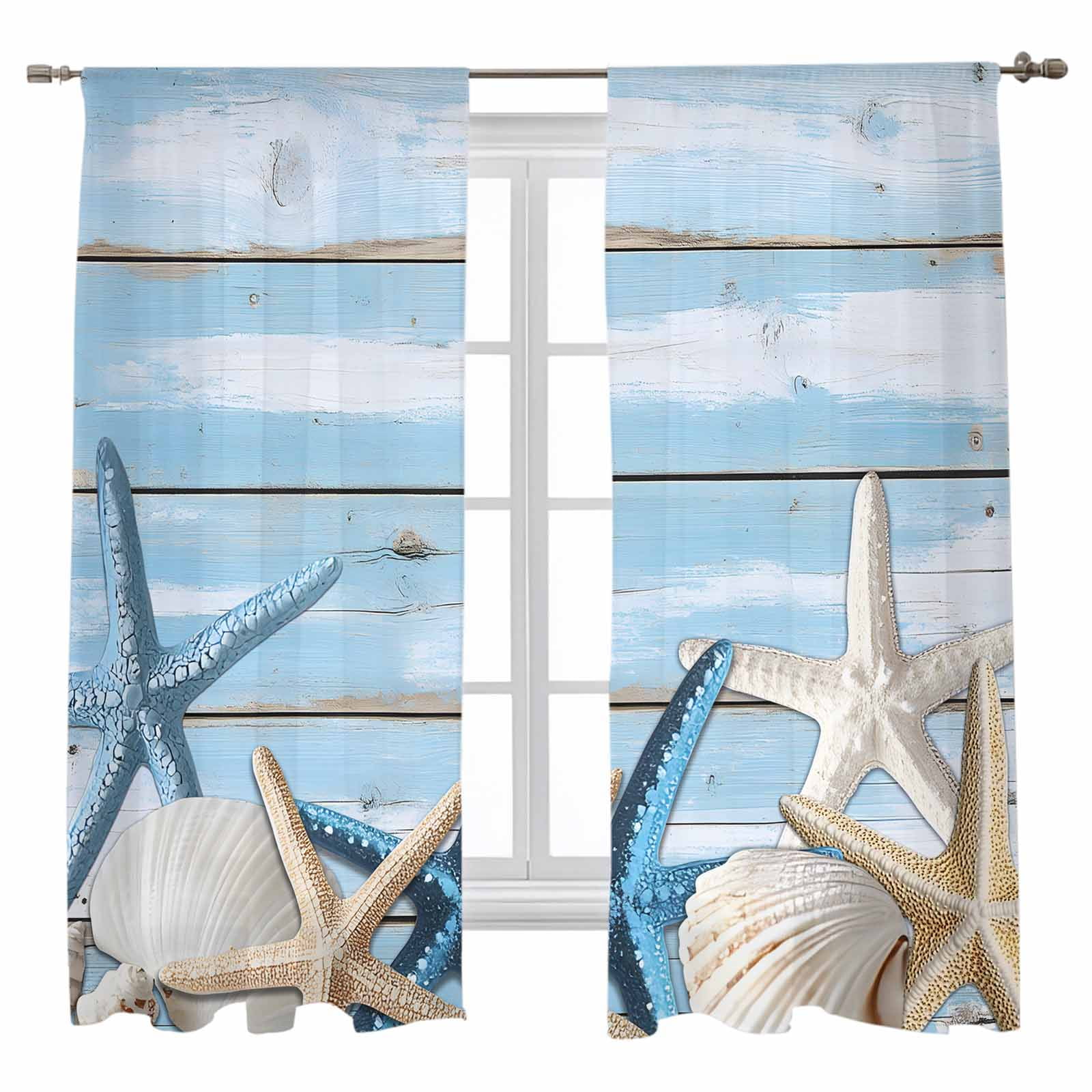 Blue White Shell Starfish Sheer Curtains 2 Panels Set, Sky Blue Wood ...
