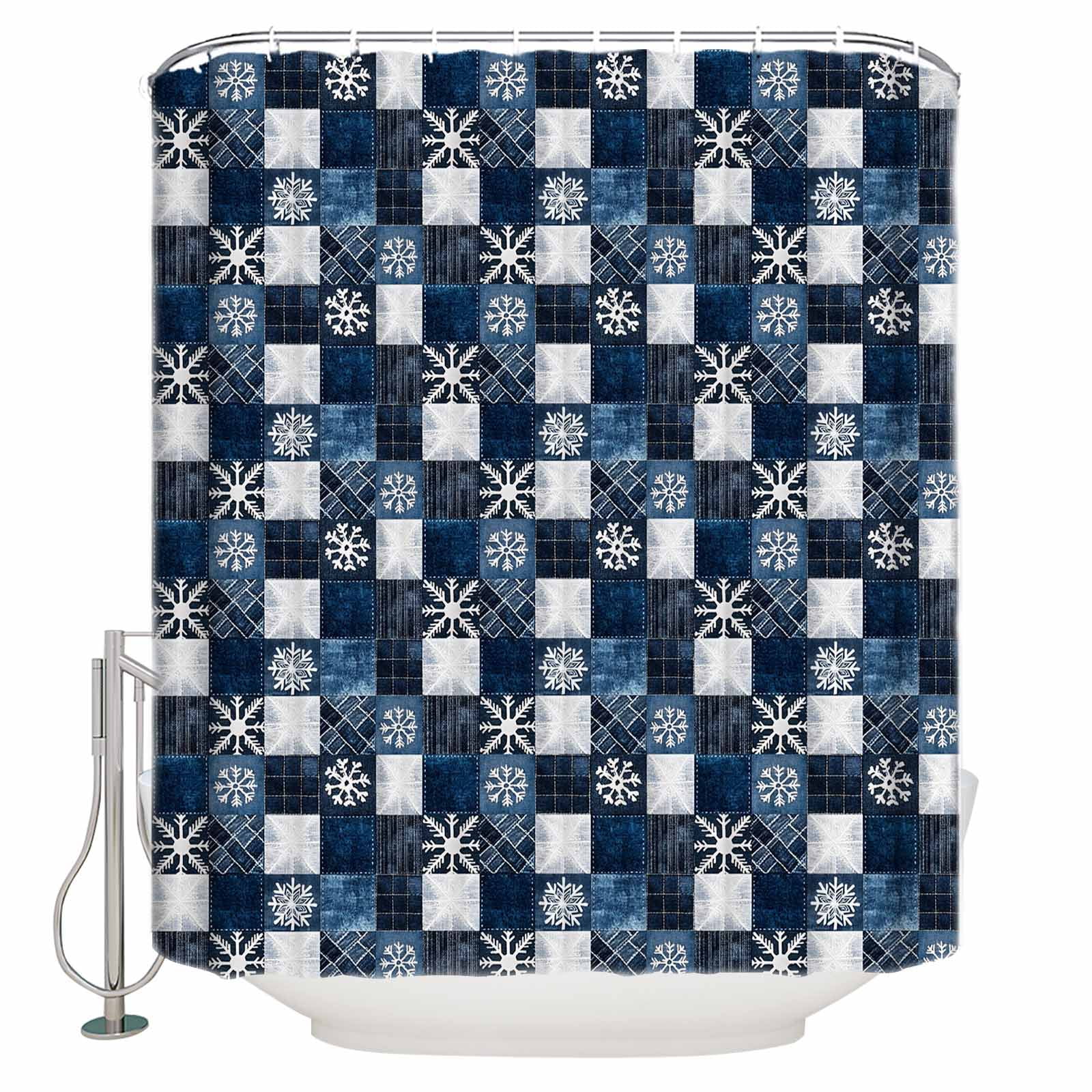 Blue White Snowflake Bathroom Shower Curtains with 12 Hooks Polyester ...