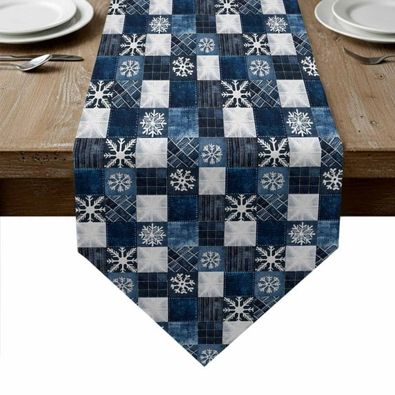 Blue White Snowflake Table Runner Linen Burlap Table Runner 48 Inches ...