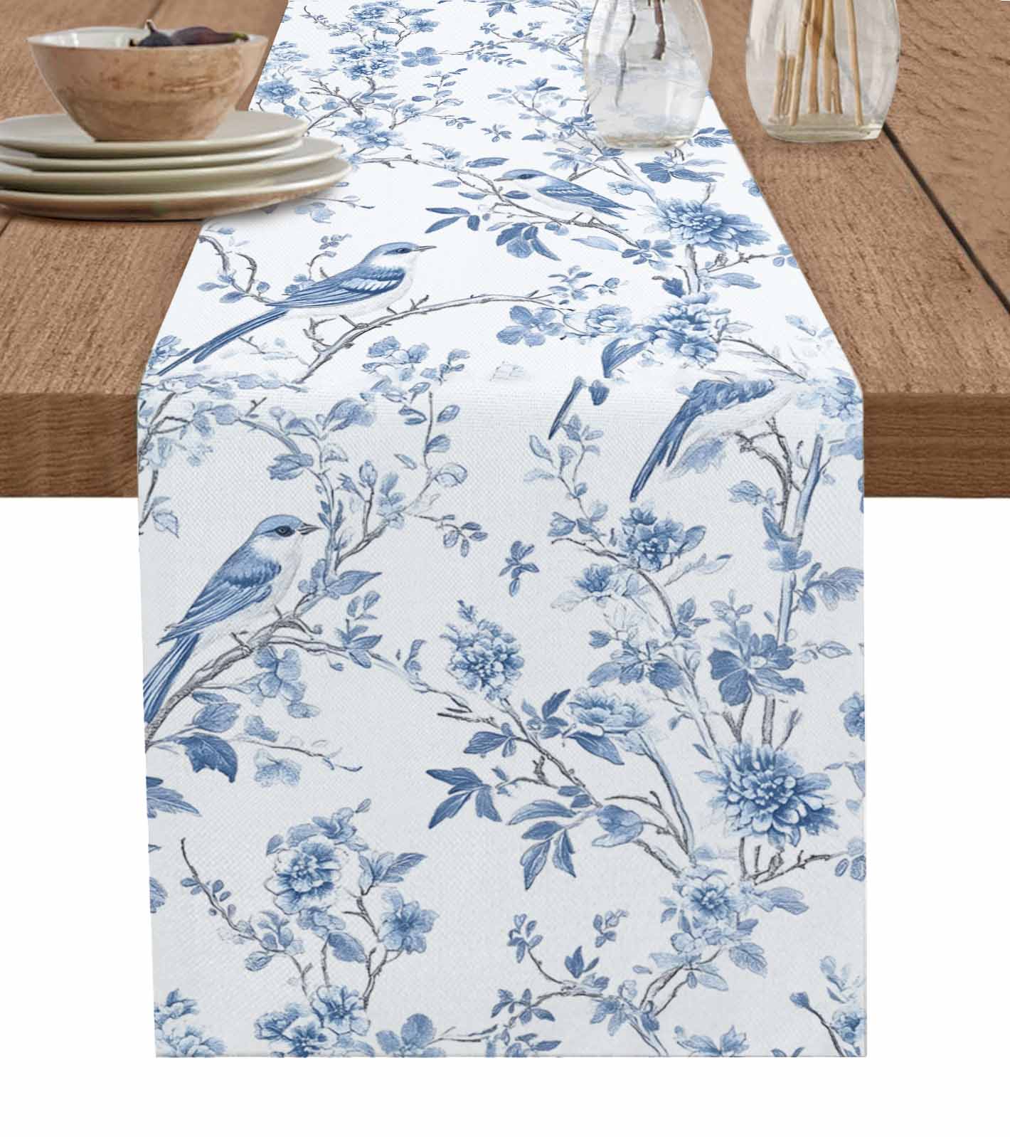 Blue White Spring Floral Burlap Cotton Table Runner 16x72 Inches Long ...