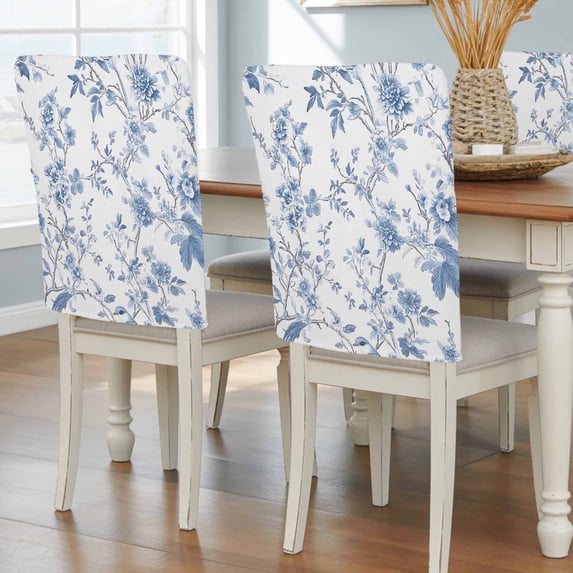 Blue White Spring Floral Chair Back Covers, Summer Botanical Birds ...