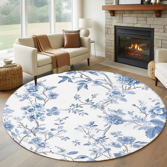 Blue White Spring Floral Round Area Rug 6 FT, Non Slip Bedroom Rugs ...