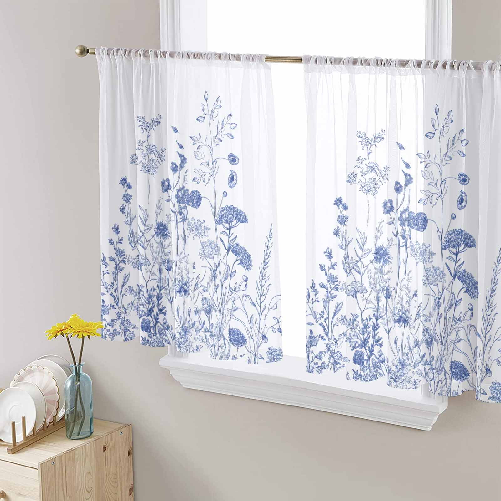Blue White Spring Floral Sheer Curtains 54 Inches Length 2 Panels Set ...