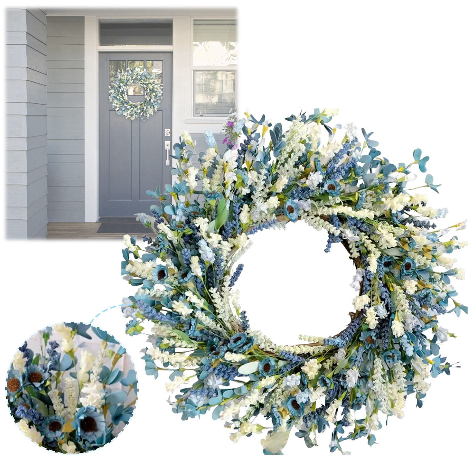 Blue & White Spring Summer Wreath - 18" Rustic Lavender & Daisy Wreath ...