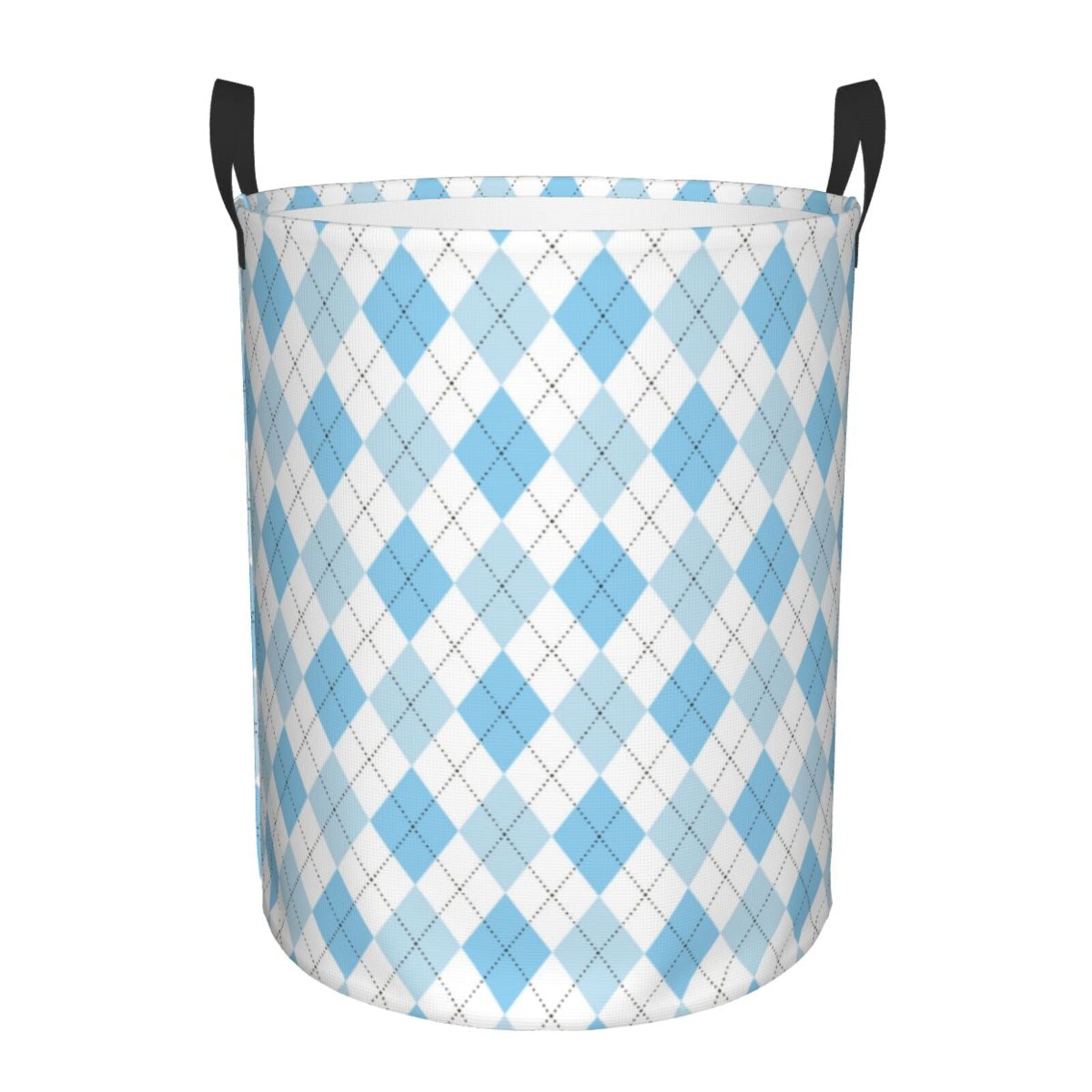 Blue and White Squares Laundry Basket with Handles - Freestanding ...