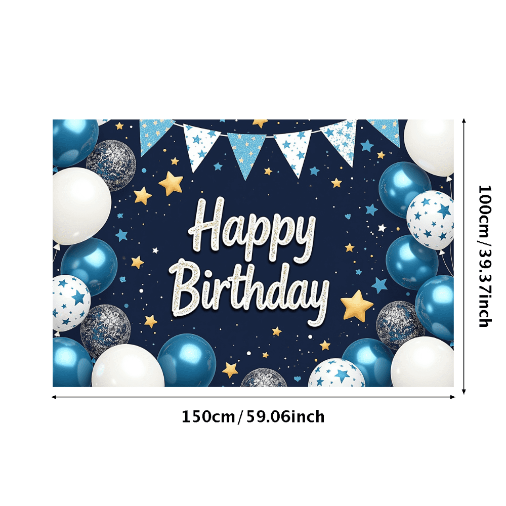 Blue White Star Themed Happy Birthday Banner Party Backdrop Decoration ...
