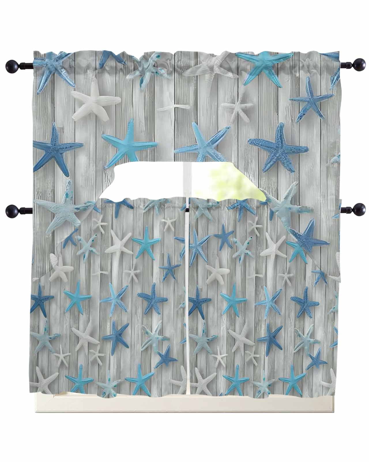 Blue White Starfish Kitchen Curtains Sets 36 Inch Length with Valance ...