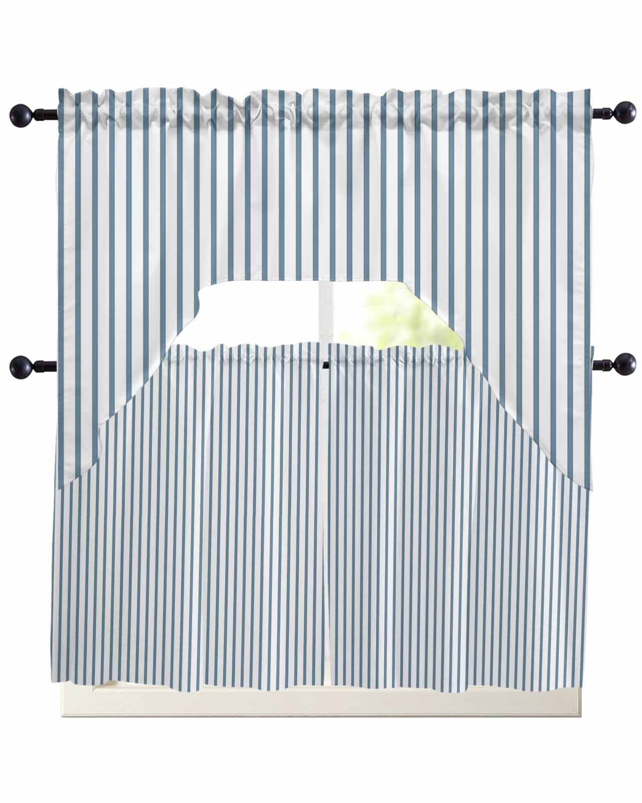 Blue White Stripe Pattern Swag Valance and Tier Curtains Set Simple ...