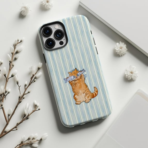 Blue White Stripe Phone Case Vintage Cat Fish Pattern Art 17 11 12 13 ...