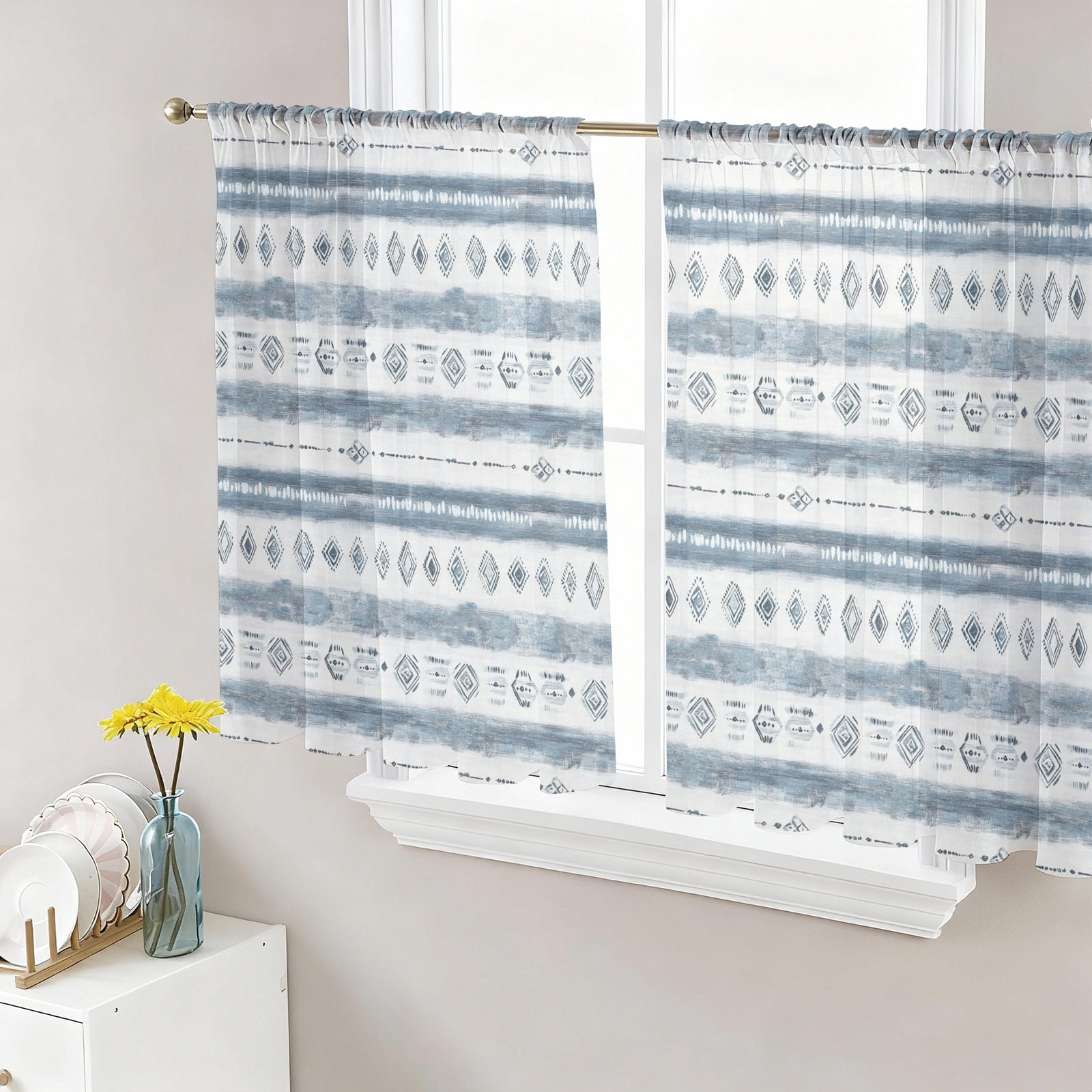 Blue White Stripe Semi Sheer Curtains 54 Inch Length 2 Panels Set ...
