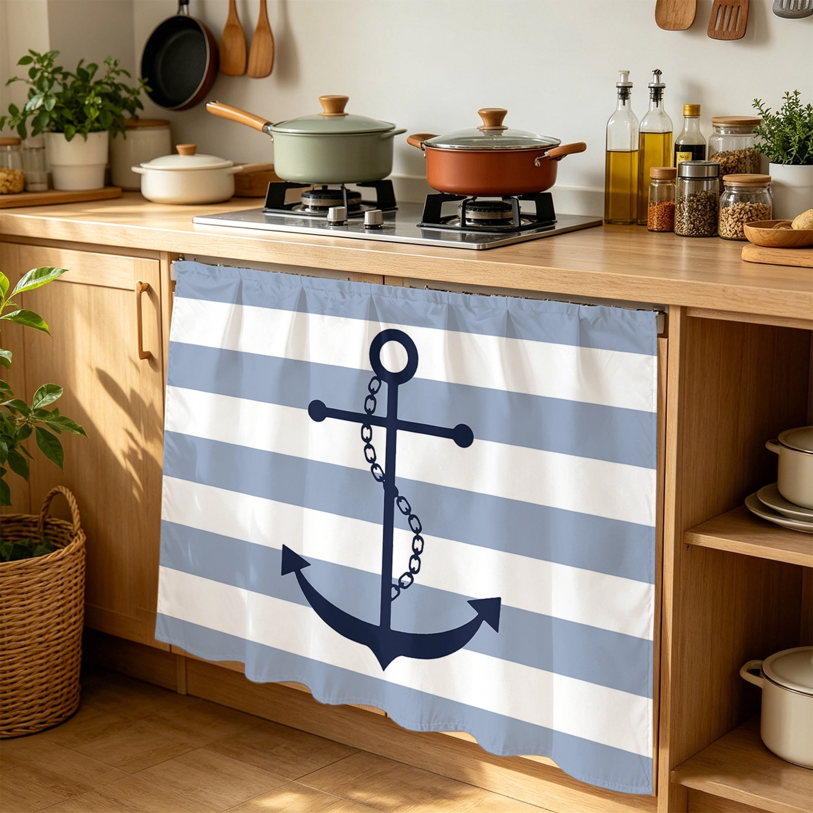 Blue White Striped Cabinet Curtains 35''x35'', Navy Blue Beach Nautical ...