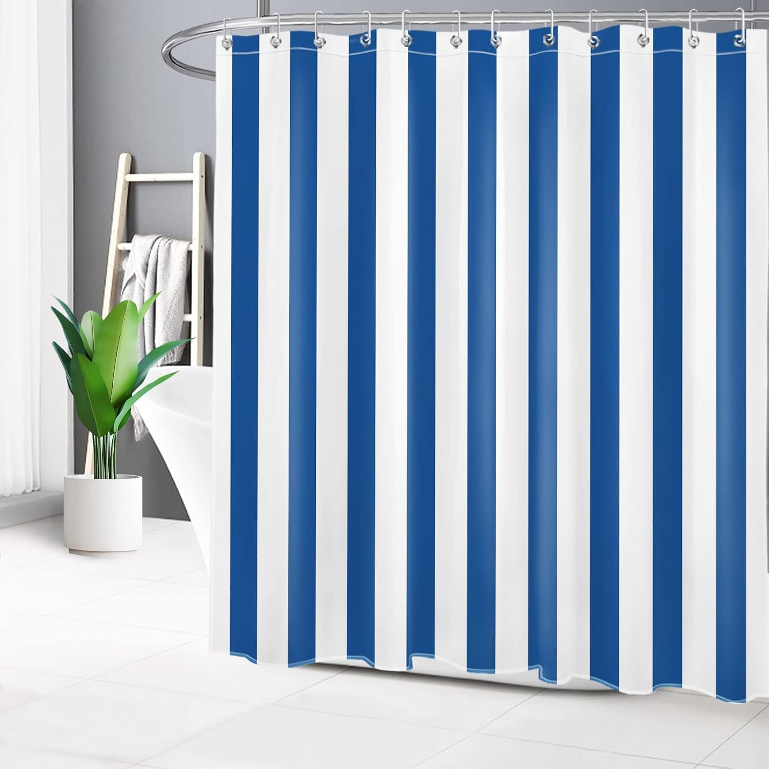 Blue and White Striped Fabric Shower Curtain for Bathroom with 12 Hooks ...