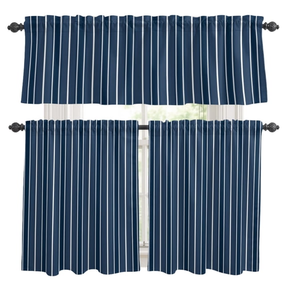 Blue White Striped Kitchen Curtains and Valances Set, Solid Navy Blue ...