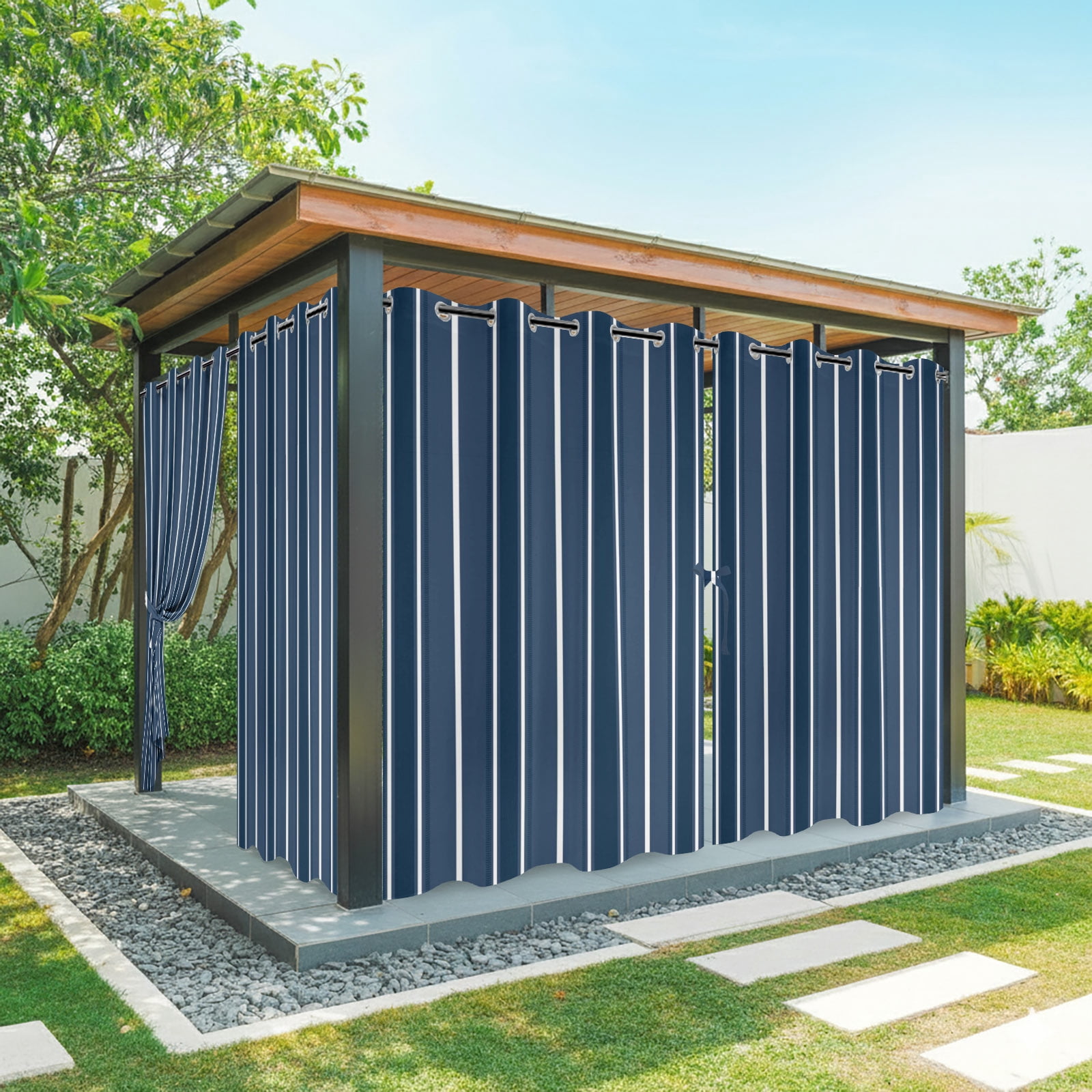 Blue White Striped Outdoor Curtains for Patio, Solid Navy Blue White ...