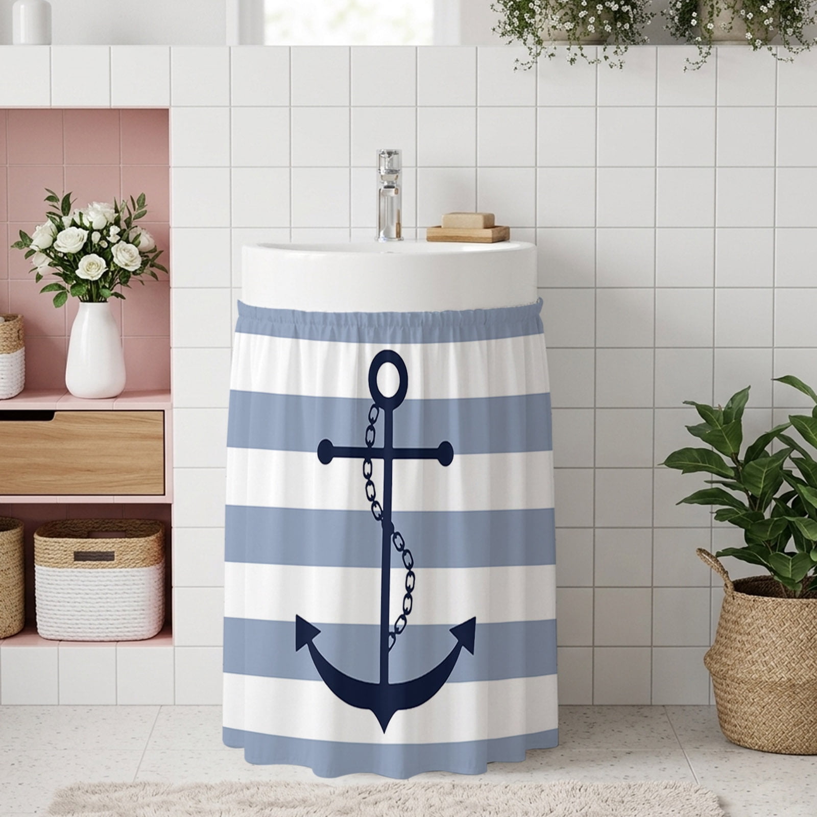 Blue White Striped Small Sink Skirt 10''x11'',Navy Blue Beach Nautical ...