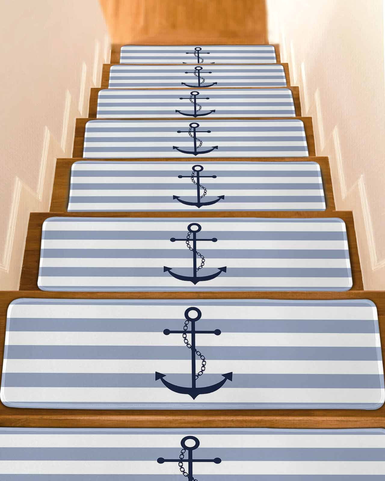 Blue White Striped Stair Treads for Wooden Steps Indoor Runner Rug ...