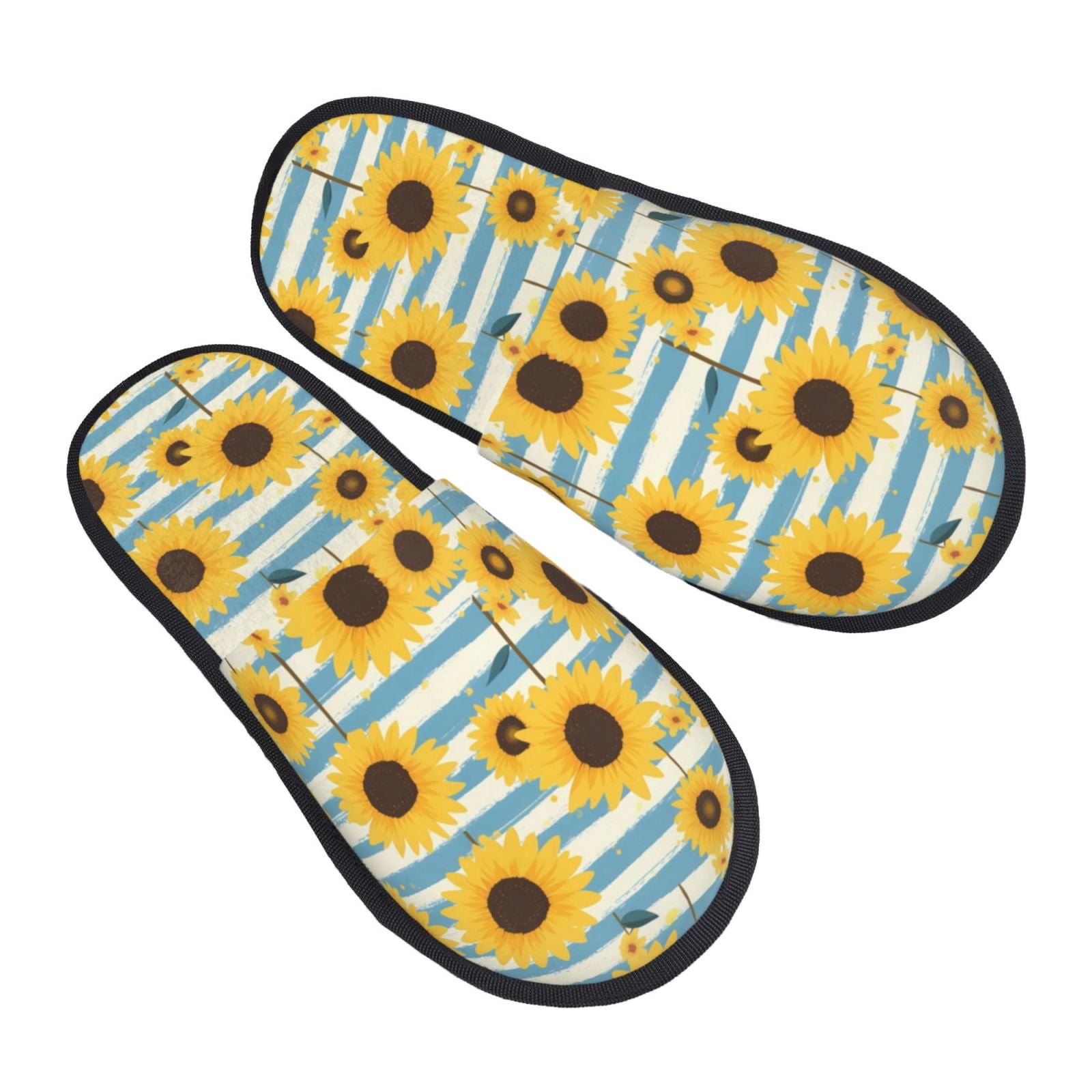 Blue White Striped Sunflower A House Slippers for Women Indoor, Fuzzy ...