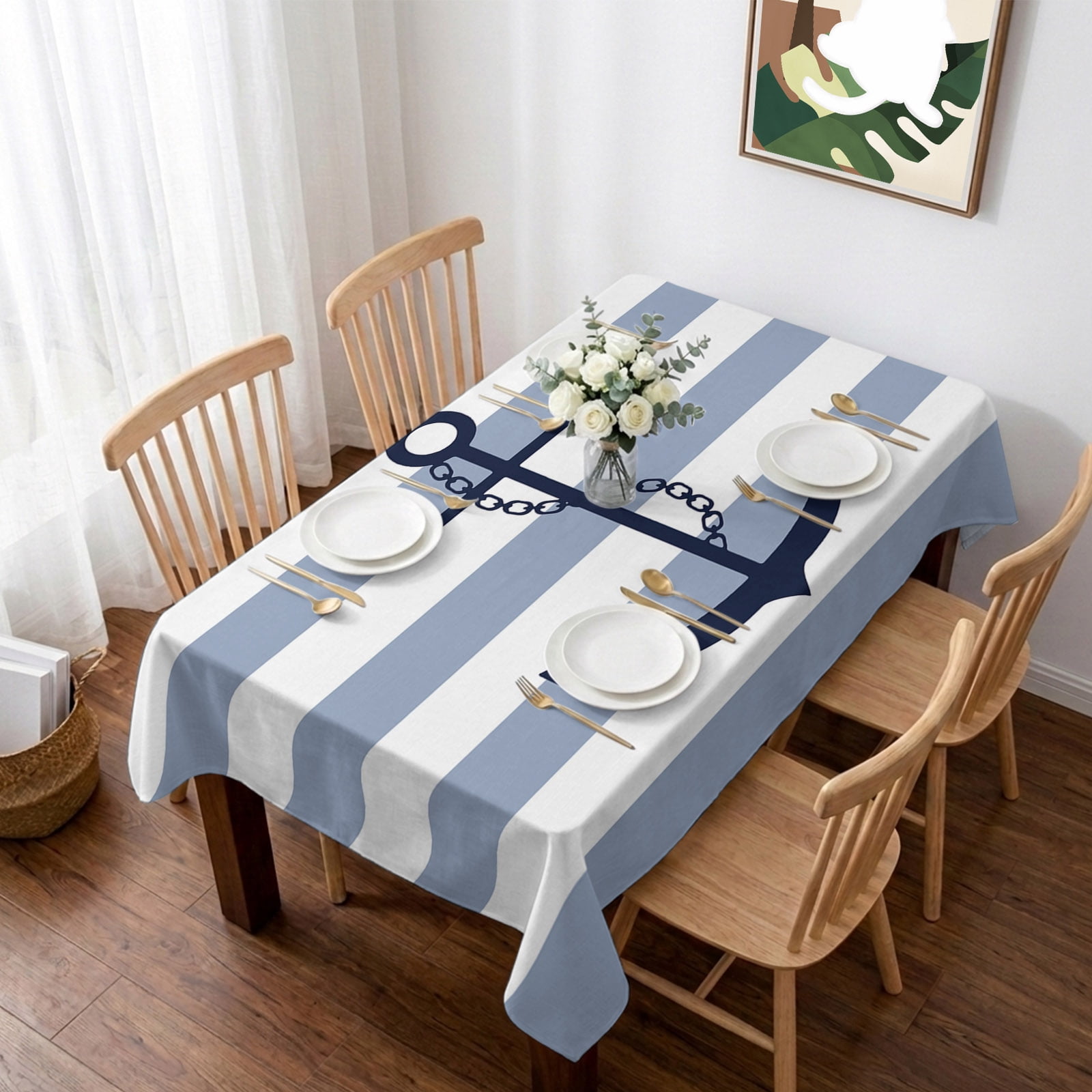 Blue White Striped Table Cloth Waterproof Tablecloths, Navy Blue Beach ...