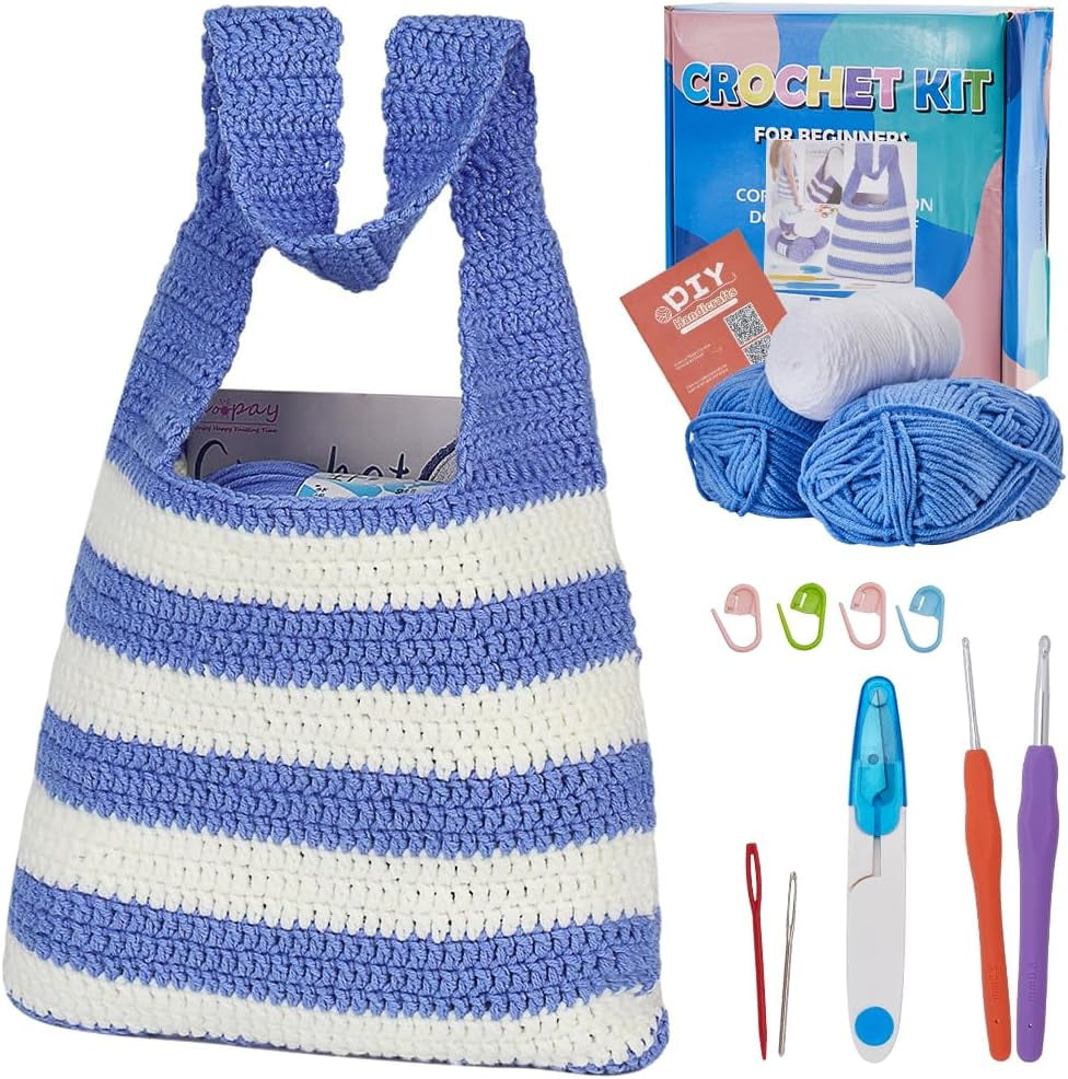 Blue and White Striped Tote Crochet Kit for Shoulder Bag Easy Fashion ...