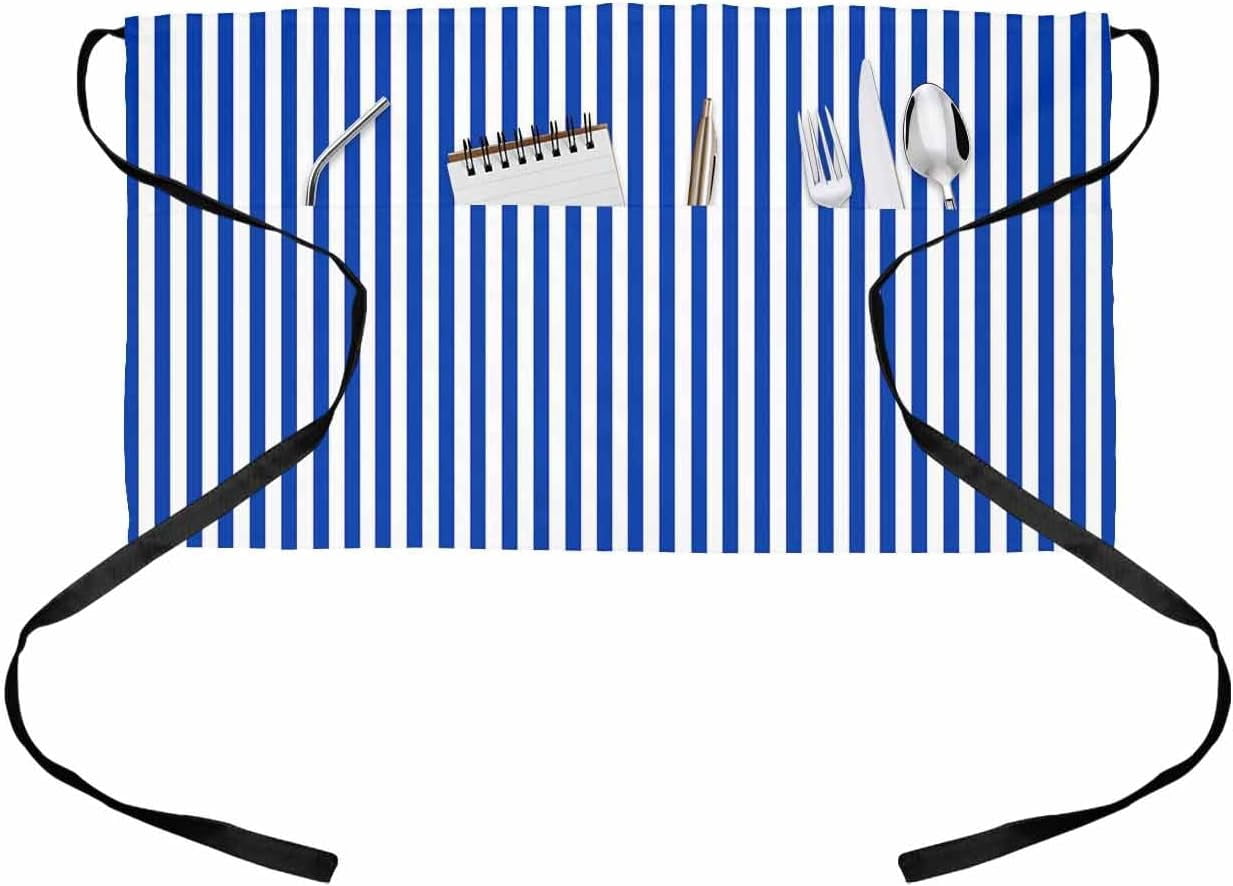 Blue White Striped Waist Apron, 3 Pockets Server Apron with Adjustable ...