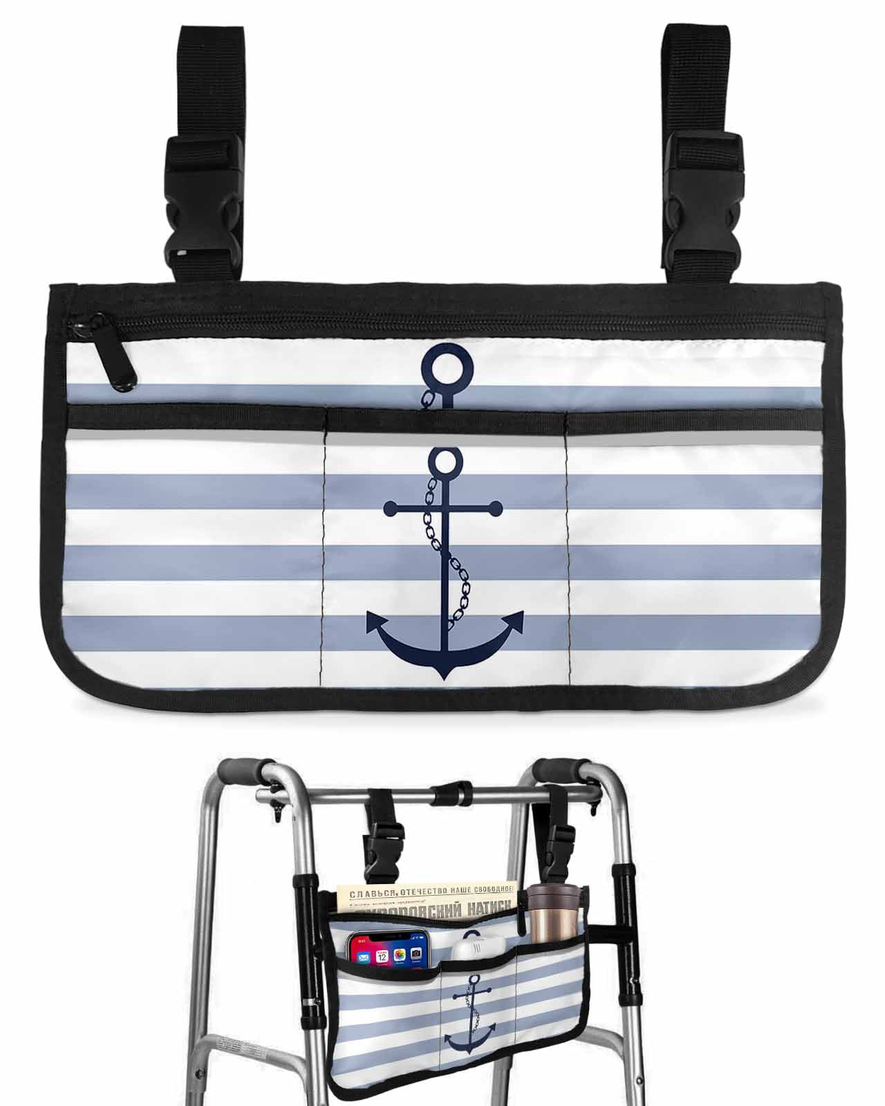 Blue White Striped Wheelchair Bag with Cup Holder Walker Bag with ...