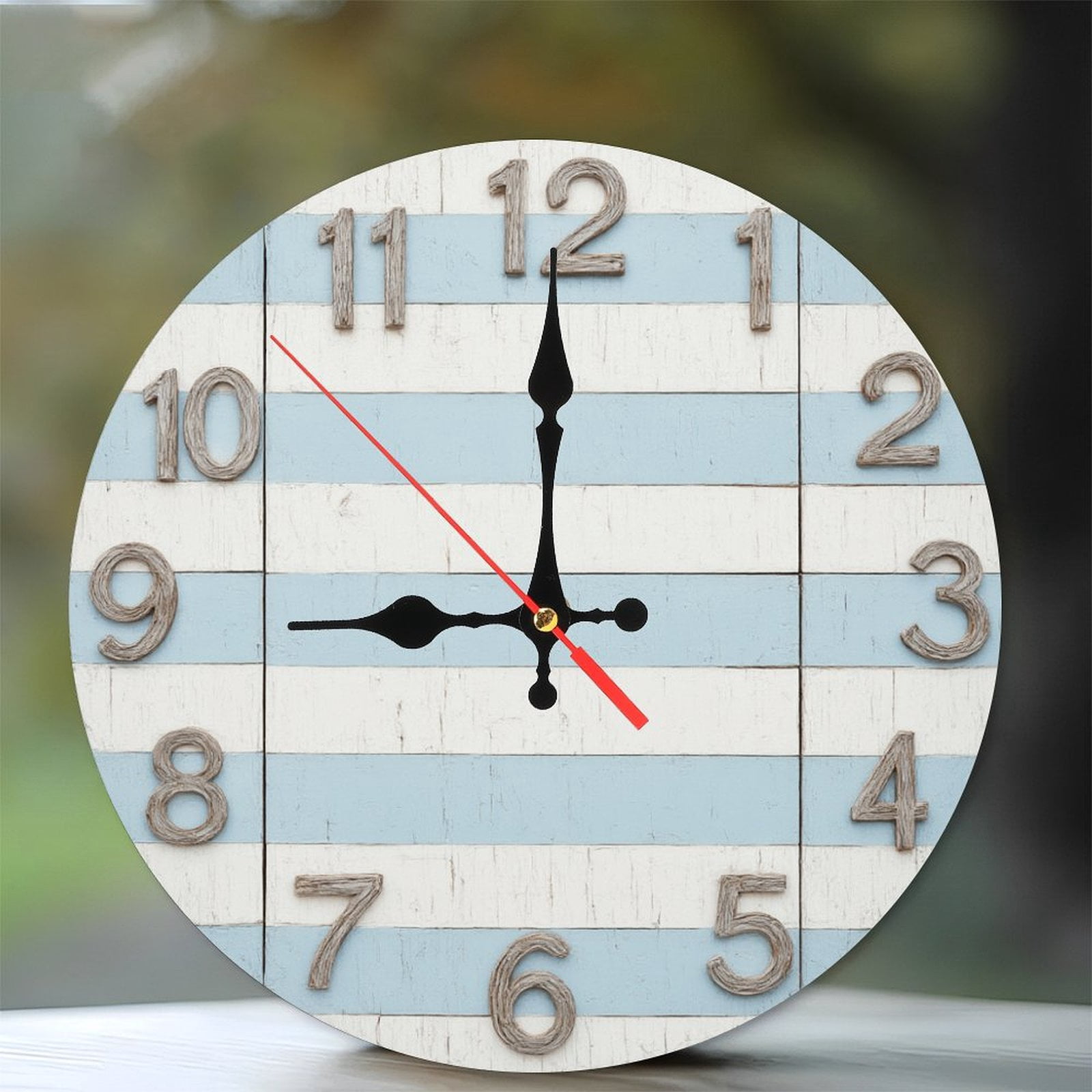 Blue And White Striped Wood Wall Clock Rustic Farmhouse Decor 10-Inch ...