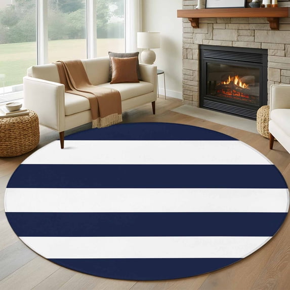 Blue White Stripes 7' Round Rug for Living Room Conversation Area, Sea ...