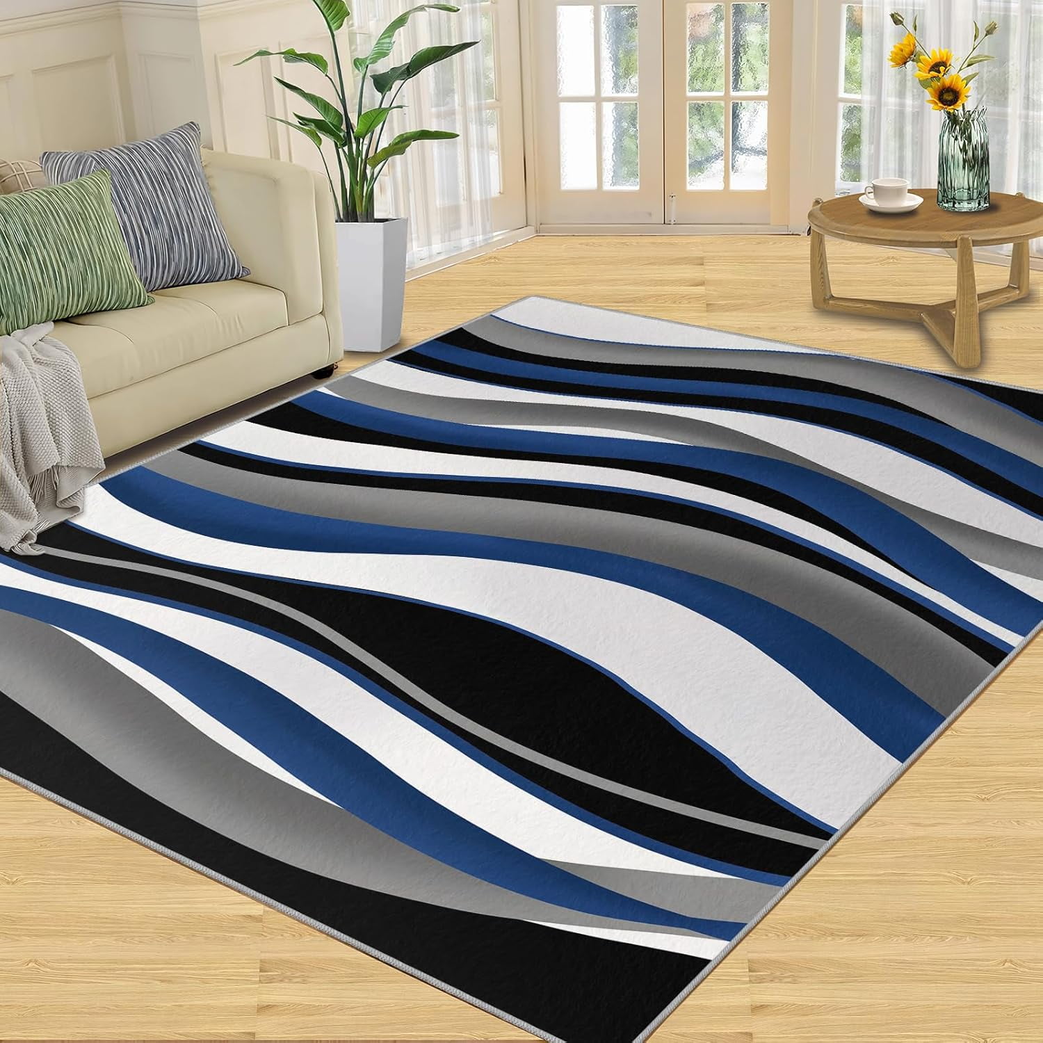 Blue White Stripes Area Rug, Abstract Black Grey Moire Rugs for Living ...