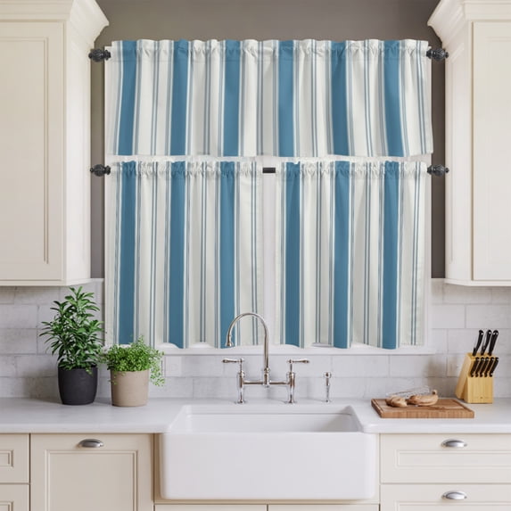 Blue White Stripes Curtain Tier and Valance Set 3 Piece,Abstract ...