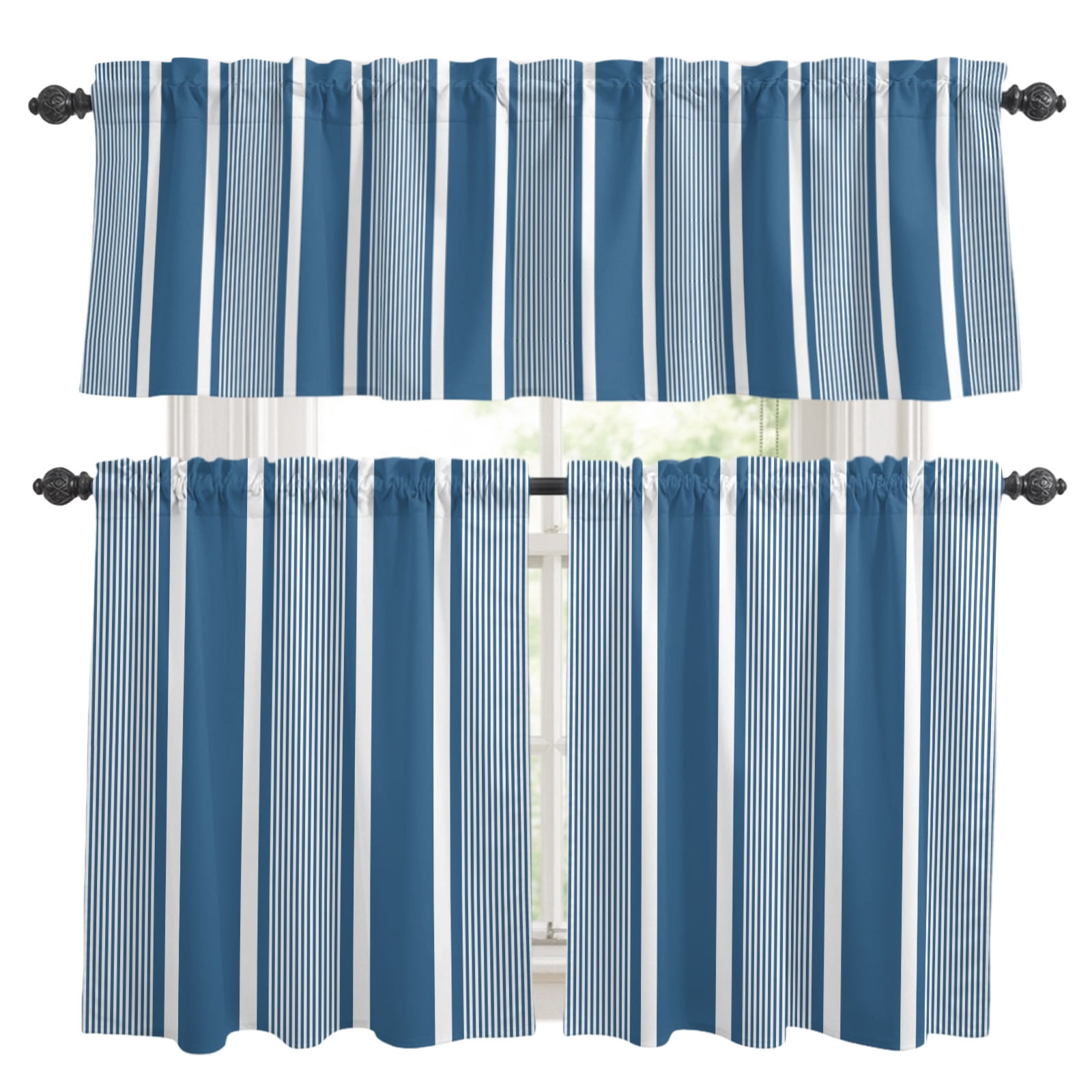 Blue White Stripes Kitchen Curtains Valance and Tier Set Lines Modern ...