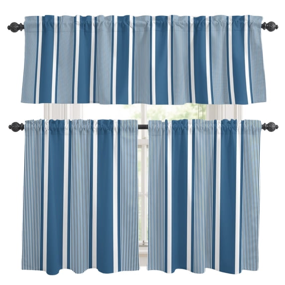 Blue White Stripes Kitchen Curtains Valance and Tier Set Lines Modern ...
