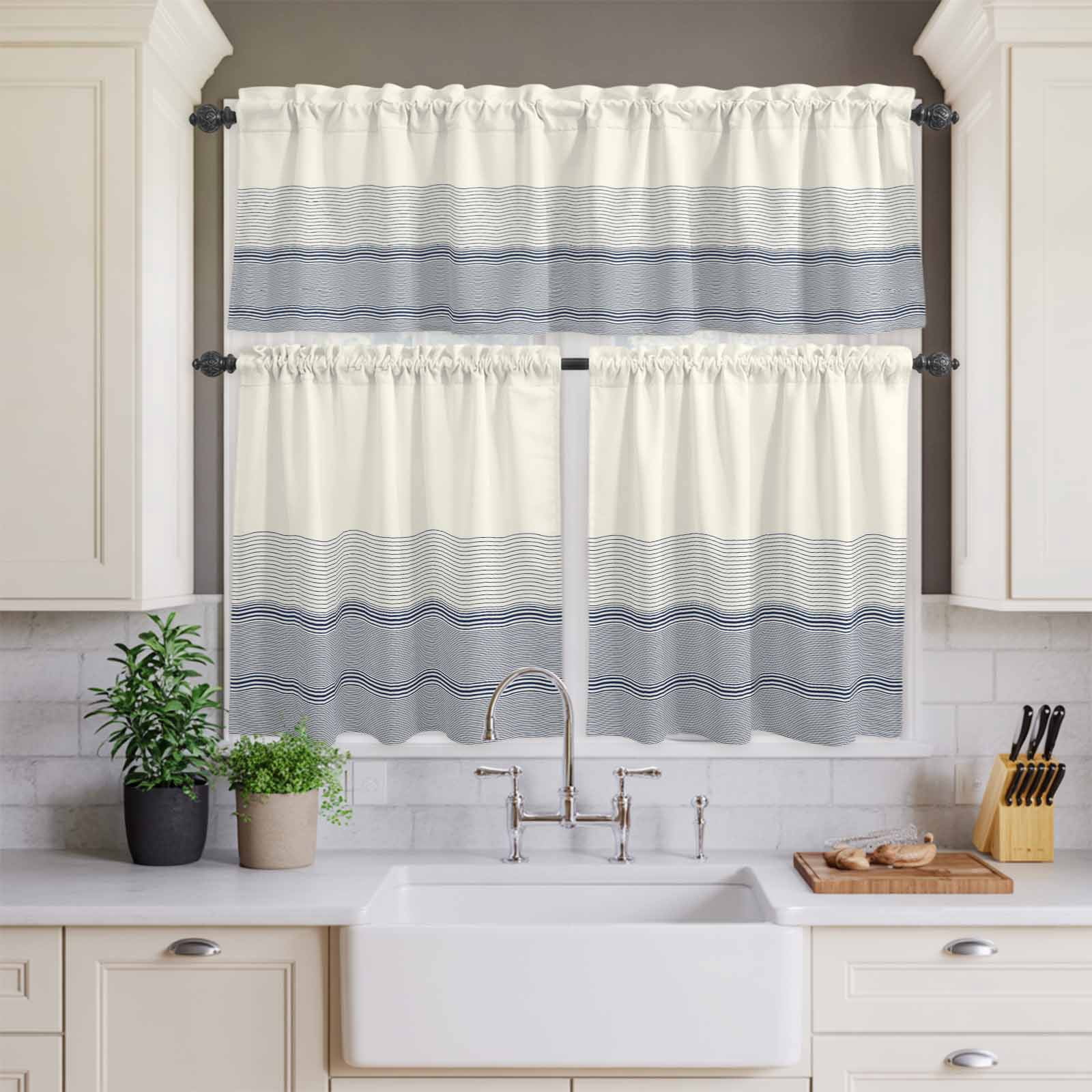 Blue White Stripes Modern Ocean Geometric Curtain Tier and Valance Set ...