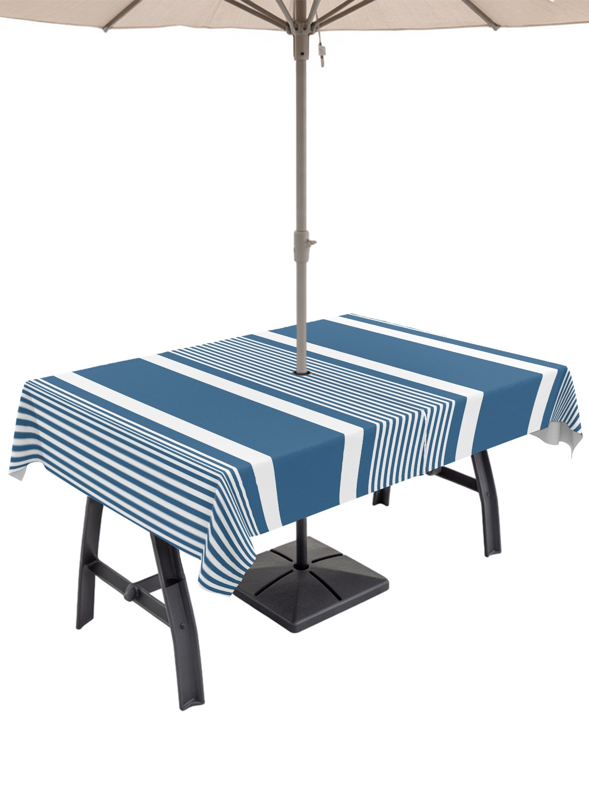 Blue White Stripes Rectangle Outdoor Tablecloth with Umbrella Hole ...