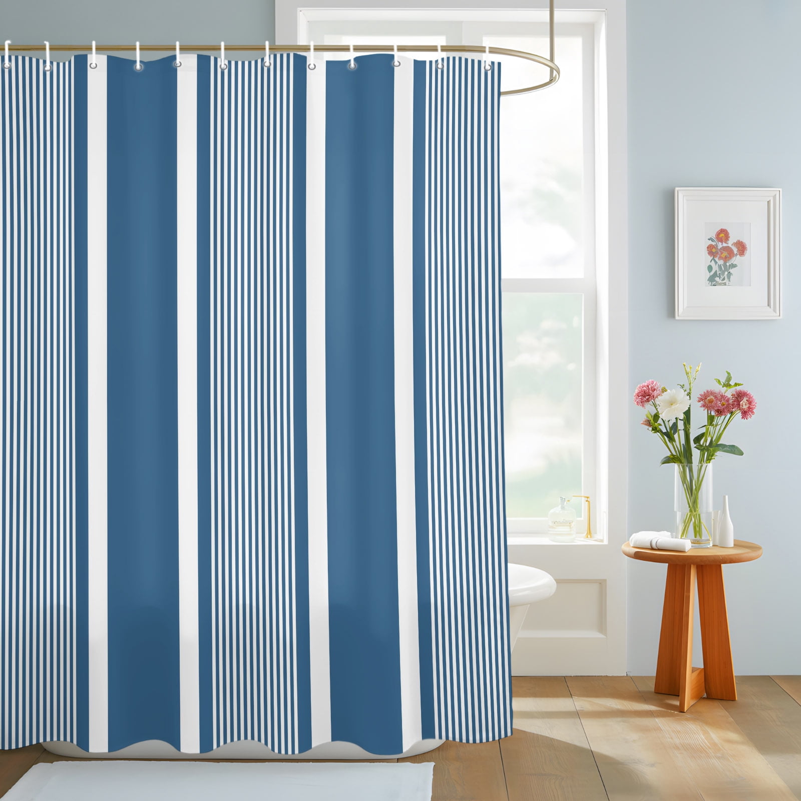 Blue White Stripes Shower Curtain, Lines Modern Vertical Stripes ...
