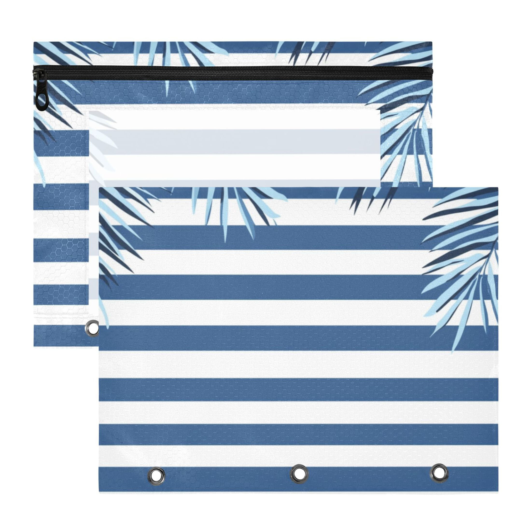 Blue White Stripes Tropical Palm Leaves 3-Ring Binder Pouches A4 Size ...