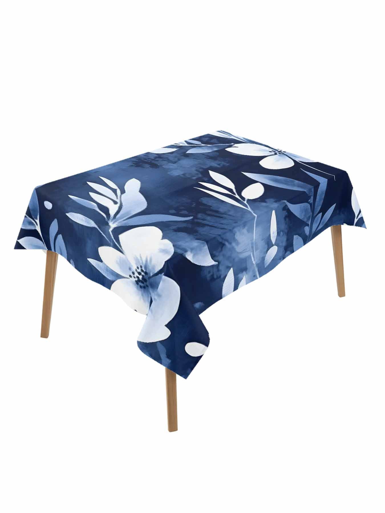 Blue White Table Cloth 60x102 Inch Rectangle, Wildflower Watercolor Ink ...