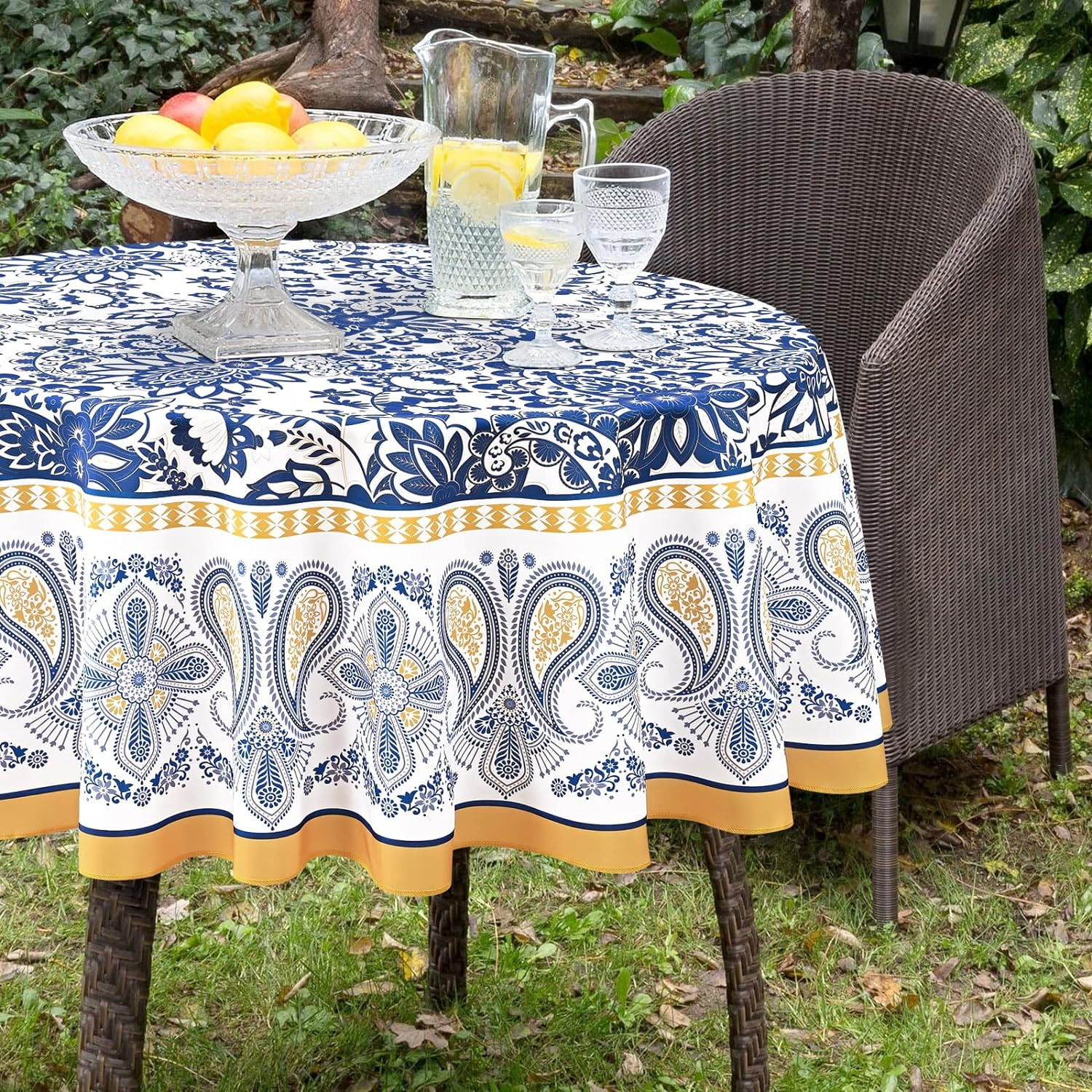 Blue and White Table Cloth Round Tablecloth 60 Inch, Farmhouse ...