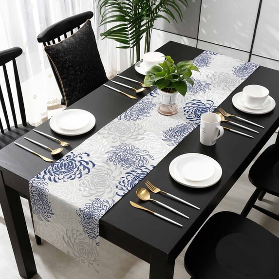Blue White Table Runner 36 Inches Small, Abstract Grey Chrysanthemum ...