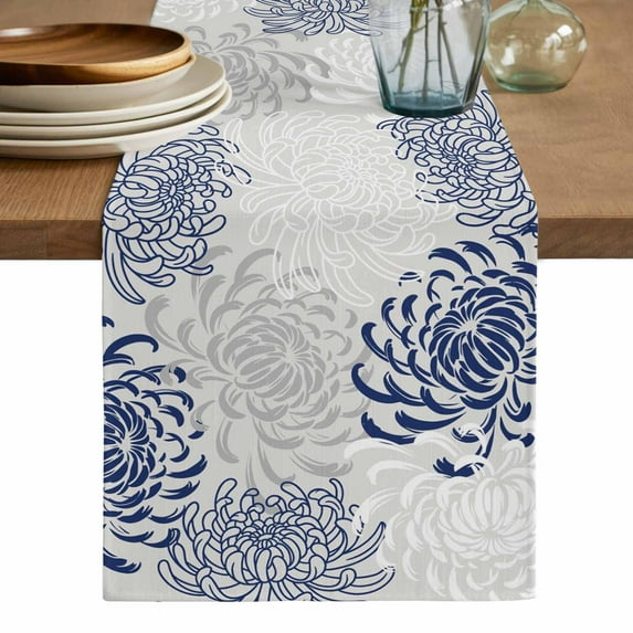 Blue White Table Runner, Abstract Grey Chrysanthemum Flower Floral ...