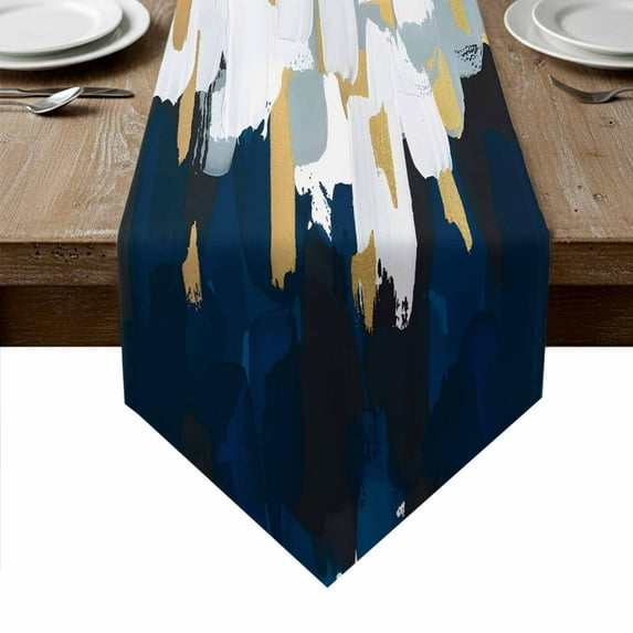 Blue White Table Runner Linen Burlap Table Runner 72 Inches Long Gold ...