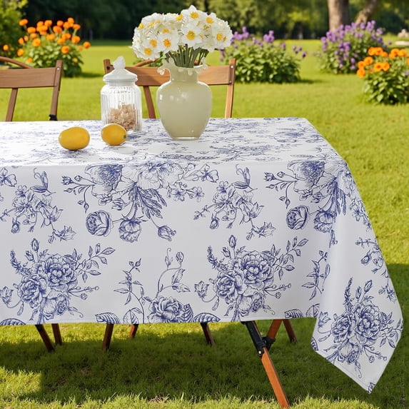 Blue and White Tablecloth Rectangular Spill Proof Blue & White Floral ...