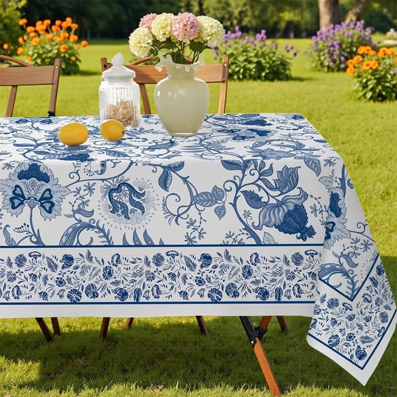 Blue and White Tablecloth Rectangular Spill Proof Blue & White Floral ...