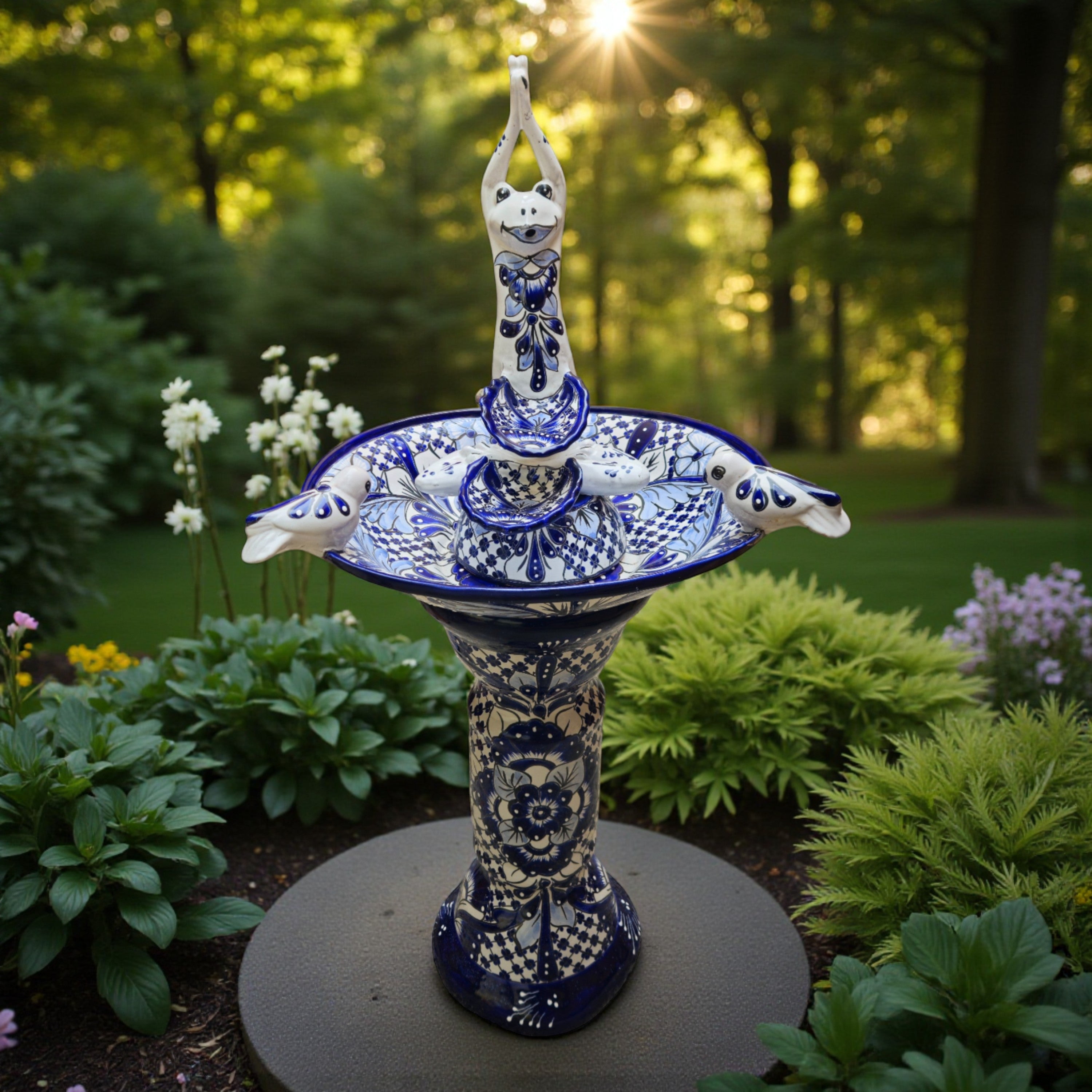 Blue & White Talavera Frog Fountain with Rim Birds | Mexican Garden ...