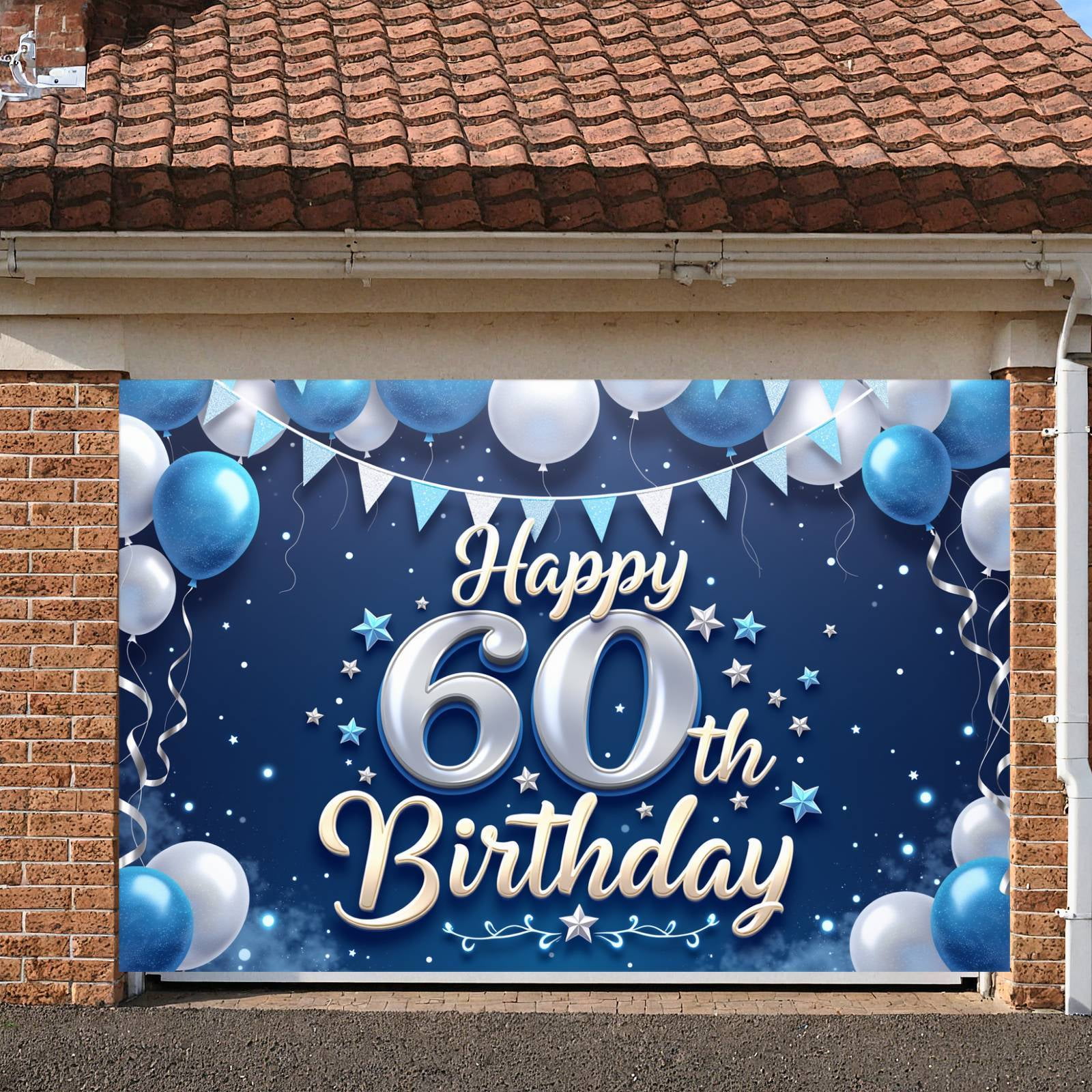 Blue White Theme Happy 60th Banner Silver Star 60th Birthday Display ...