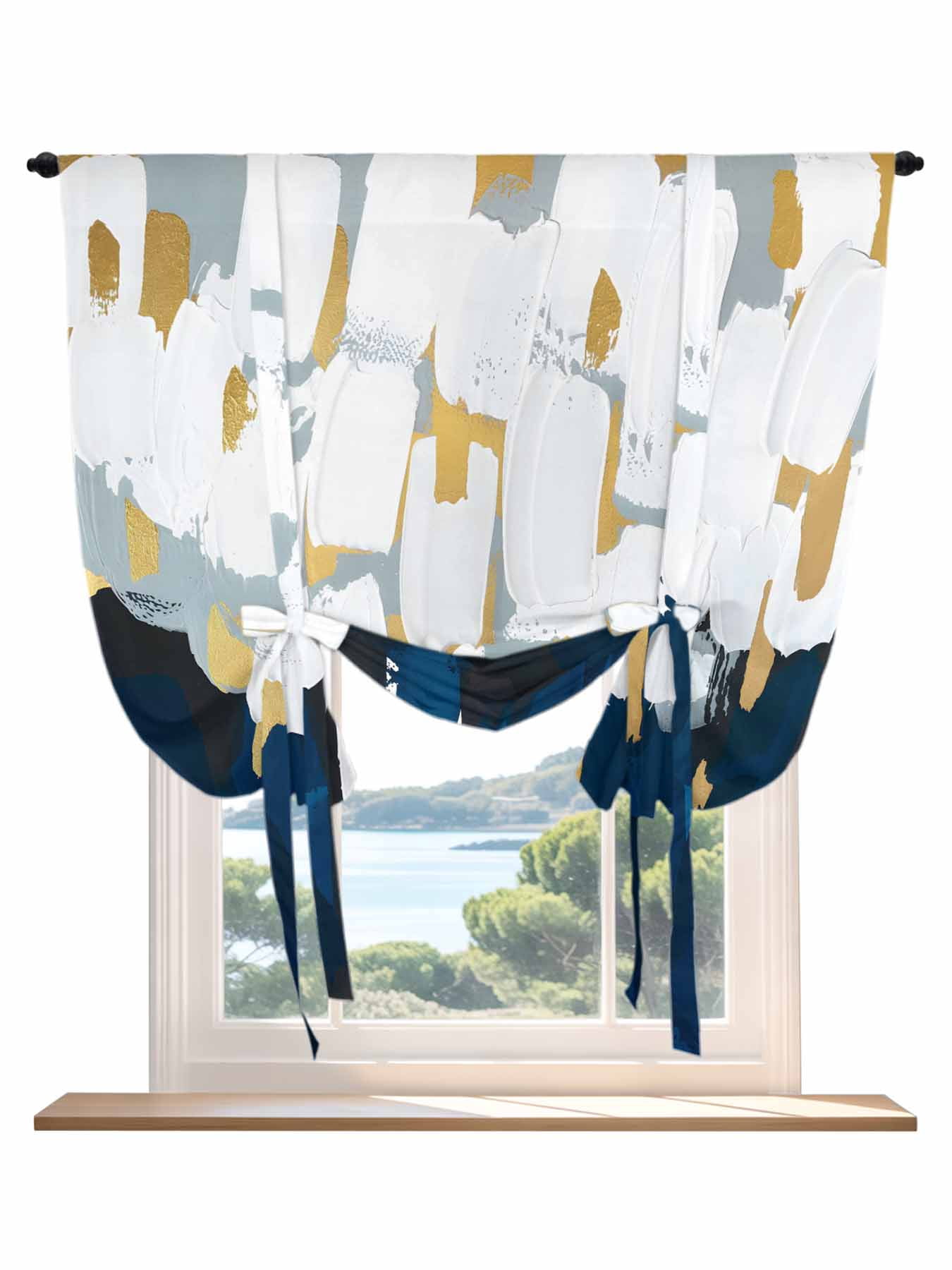 Blue White Tie Up Curtains for Windows 63 Inch Length Balloon Curtains ...