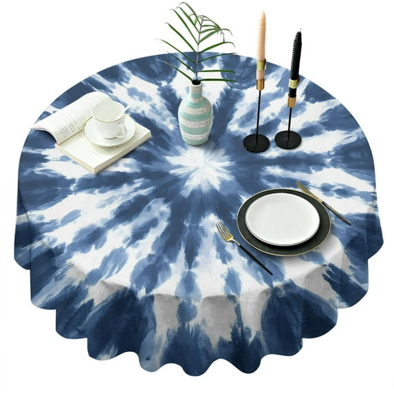 Blue White Tie Dye Mandala Pattern Round Tablecloth 60"x60",Wrinkle ...