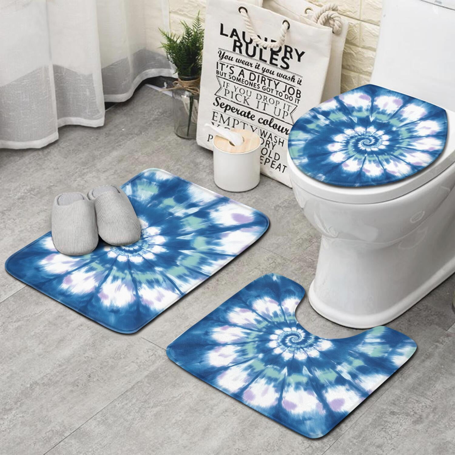 Blue White Tie Dye Spiral Pattern Bathroom Rugs Sets 3 Piece,Toilet ...
