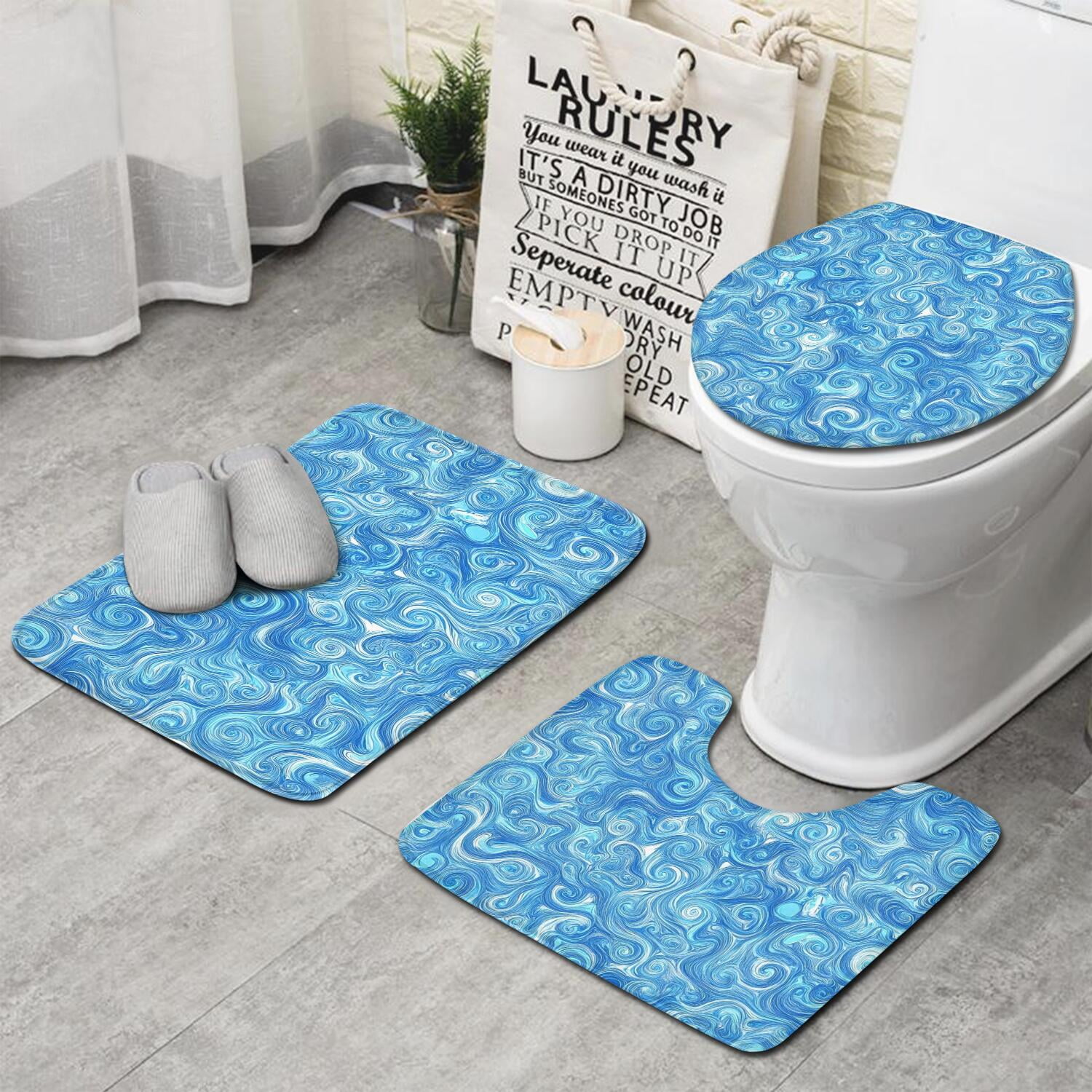 Blue White Tie Dye Swirl Pattern Bathroom Rugs Sets 3 Piece,Toilet ...