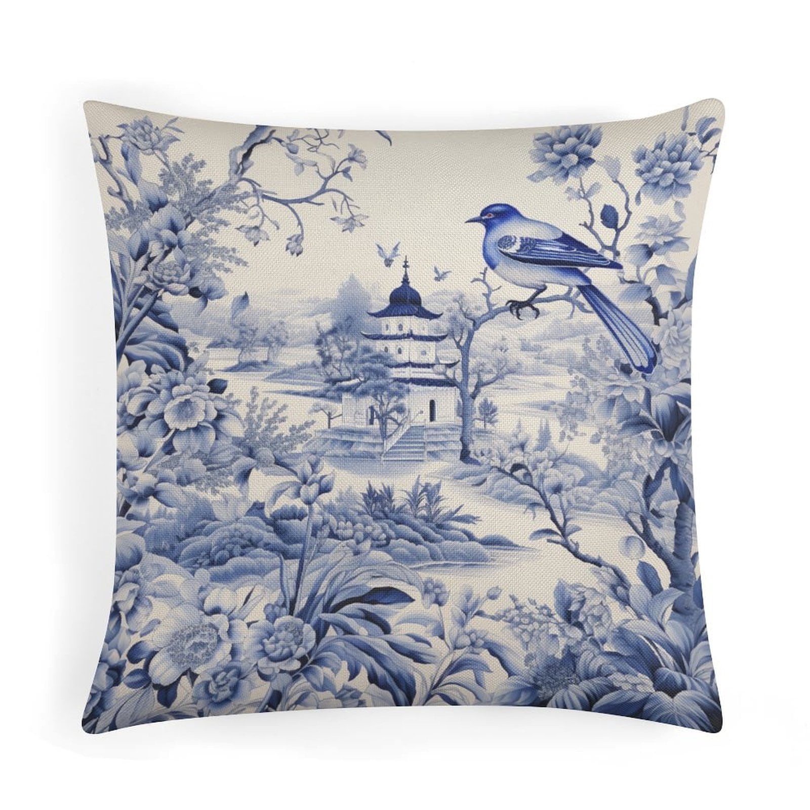 Blue And White Tile with Bird Pillow Case 20"x20" Vintage Style Flower ...